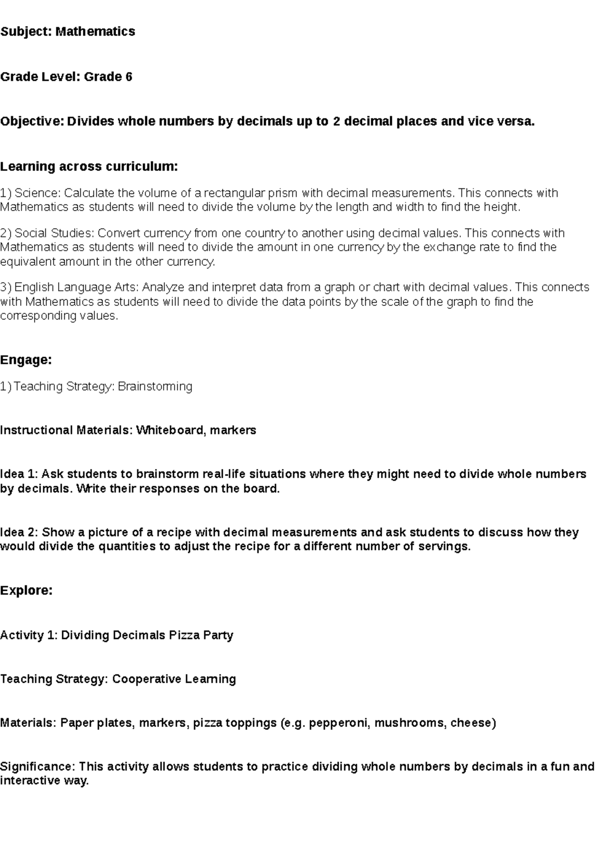 Lesson plan - Subject: Mathematics Grade Level: Grade 6 Objective ...