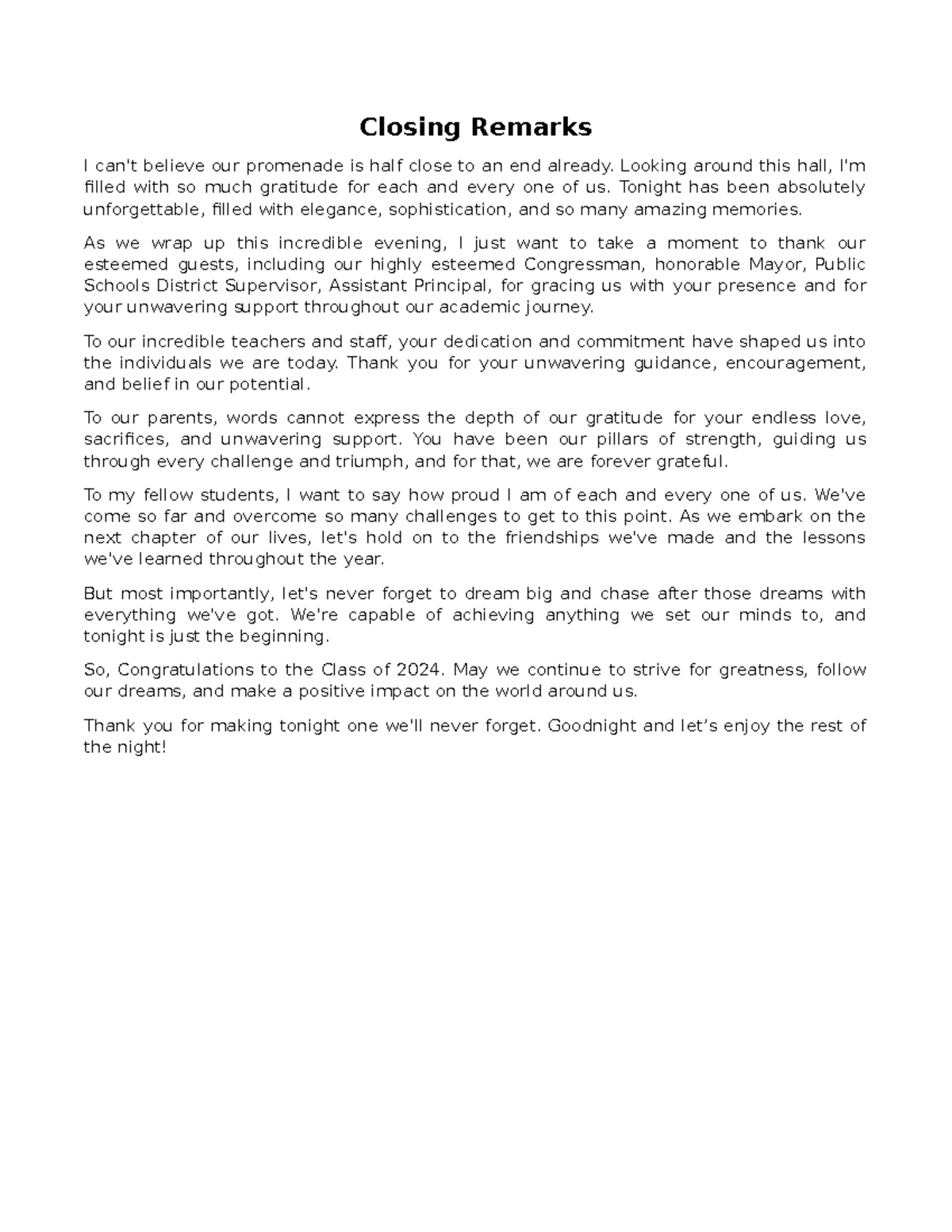 Closing Remarks-Jhuly - Closing Remarks I can't believe our promenade ...