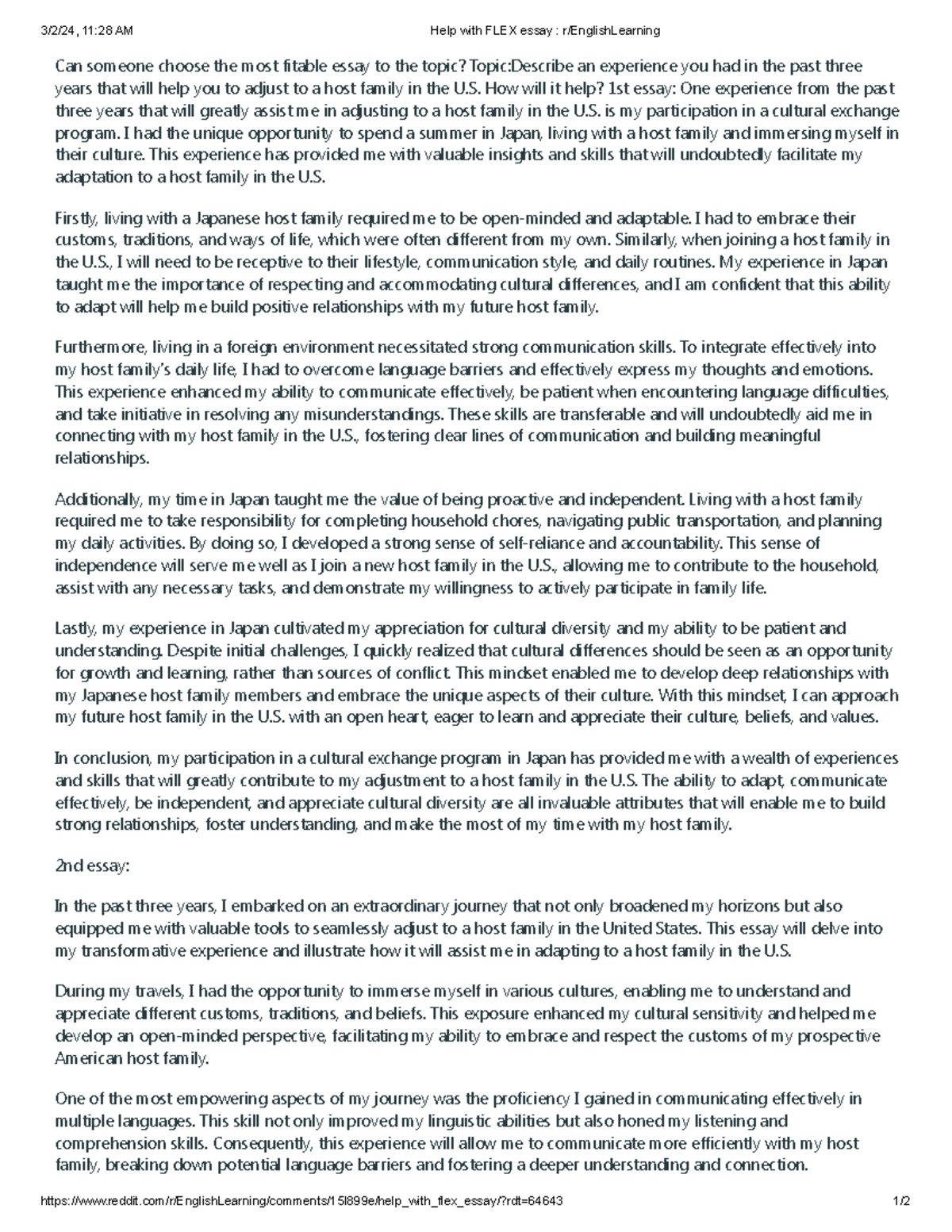 Help with FLEX essay r English Learning - 3/2/24, 11:28 AM Help with ...