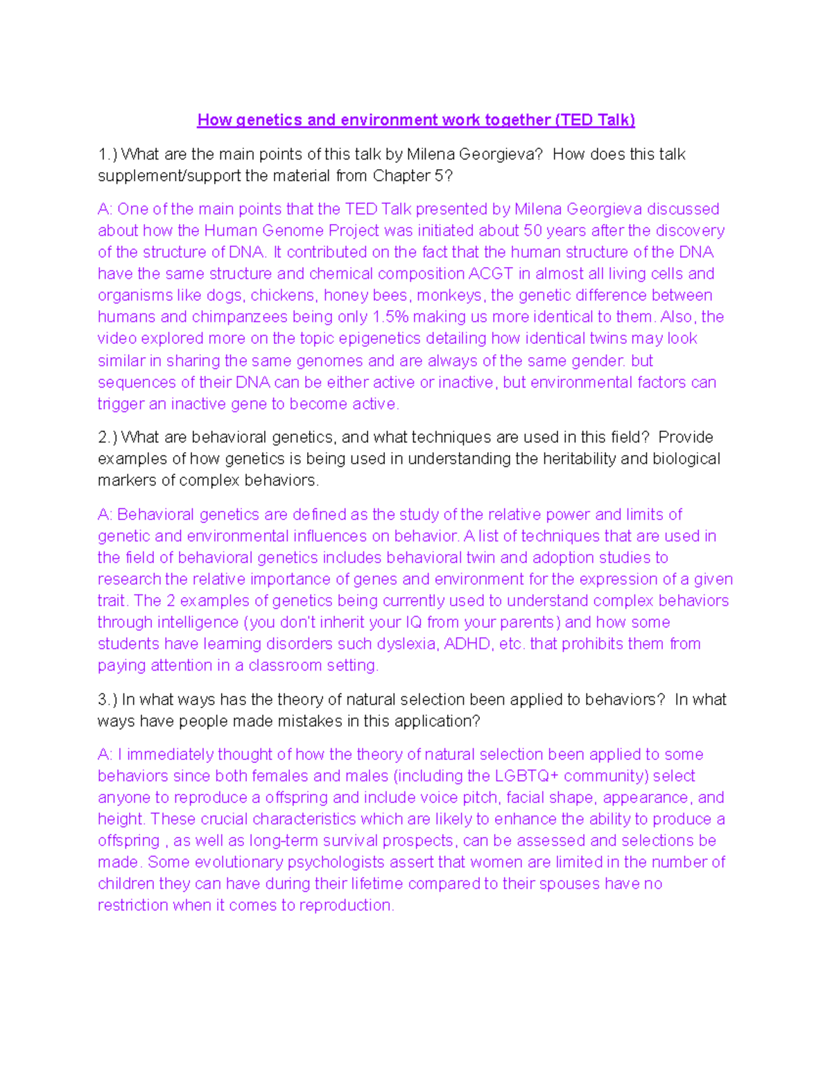 Activity #4 - How genetics and environment work together (TED Talk) 1 ...