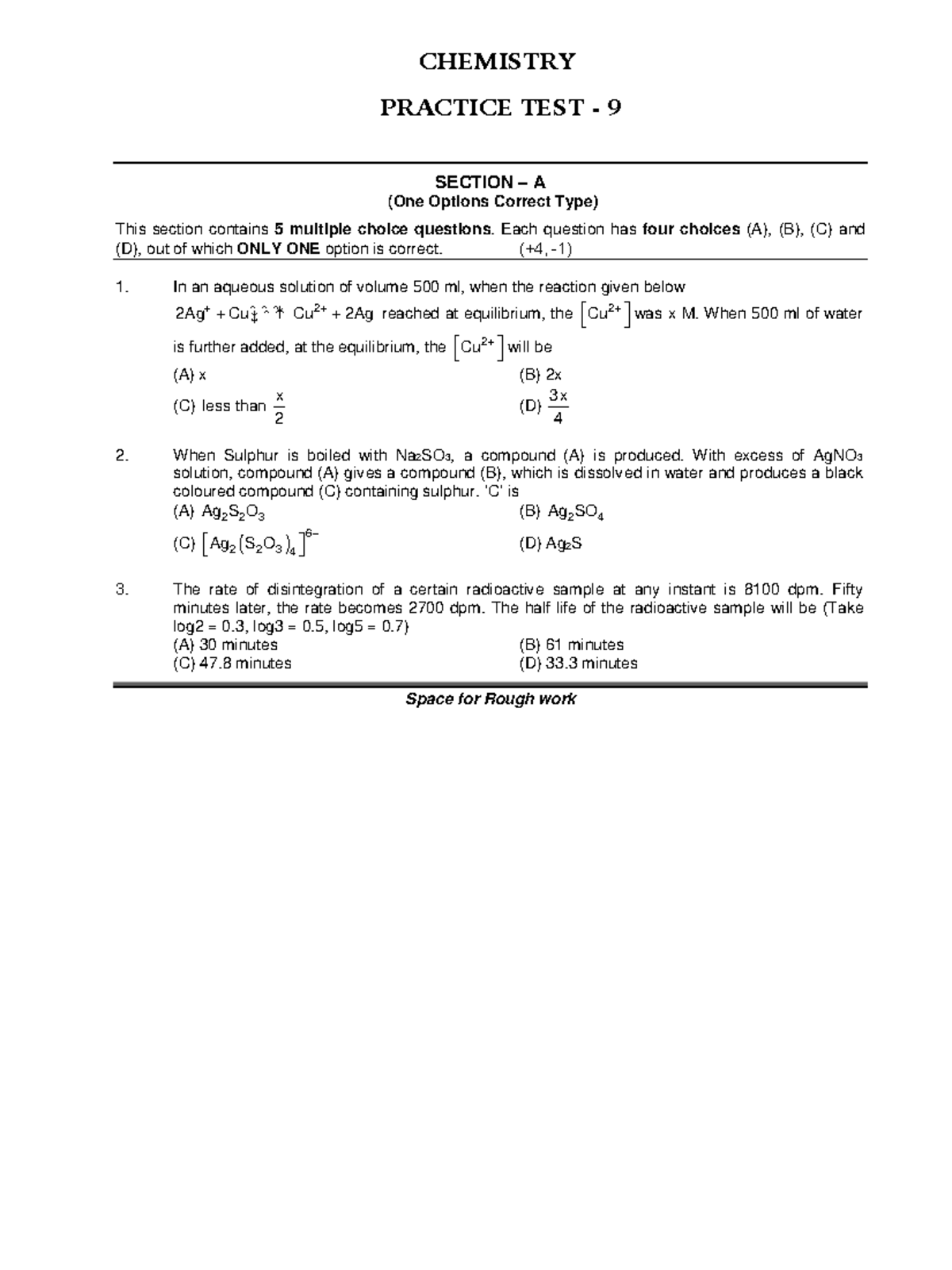 Chemistry Practice Test - 9 - SECTION – A (One Options Correct Type ...
