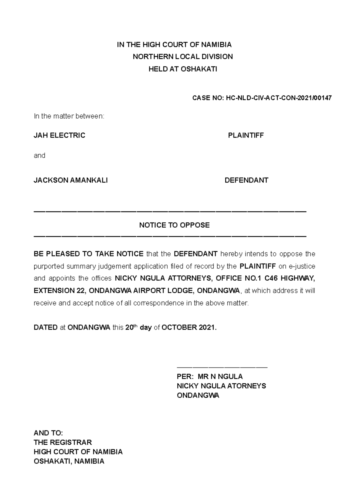 JACK Amankali notice to oppose - Introduction to Law - UNAM - Studocu