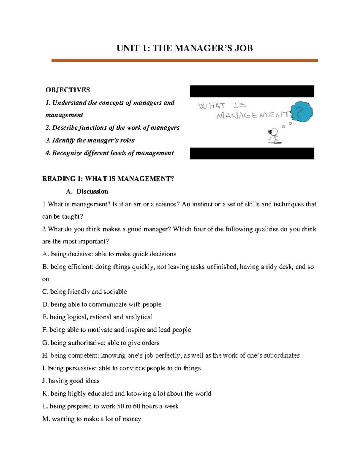 UNIT 1 - Exercises for English for Business - UNIT 1: THE MANAGER’S JOB ...