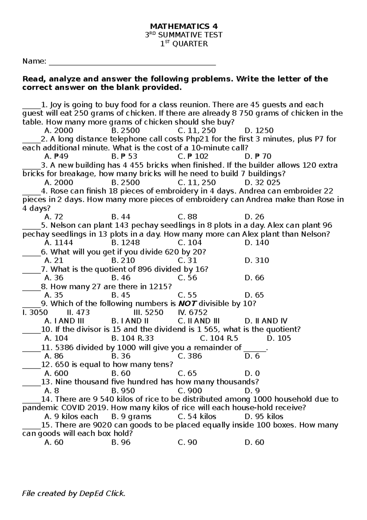 MATH4 ST3 Q1 - ADSGAS - MATHEMATICS 4 3 RD SUMMATIVE TEST 1 ST QUARTER ...