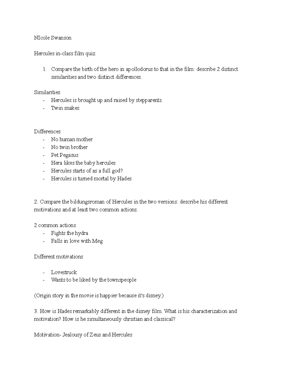 Hercules - NIcole Swanson Hercules in-class film quiz Compare the birth ...