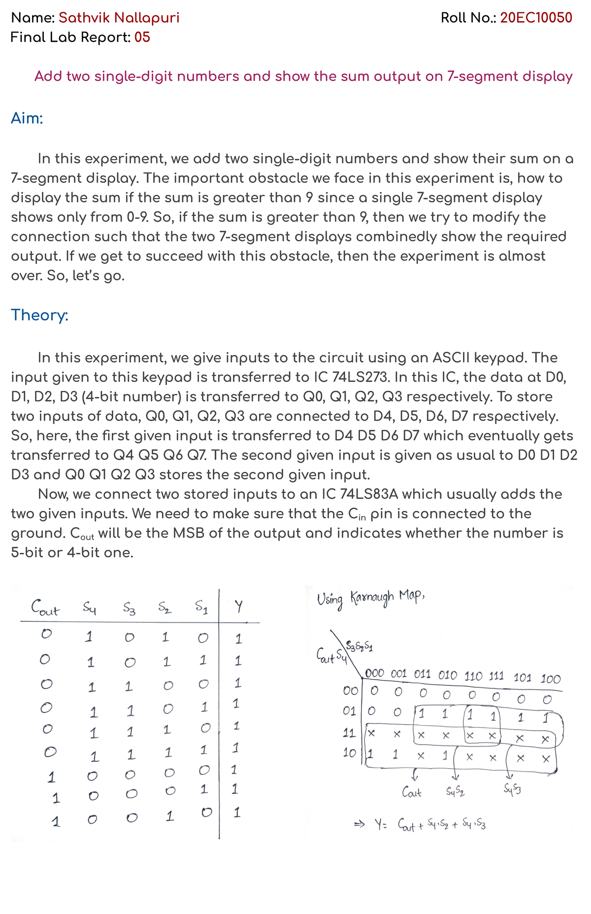 Addition Using Ascii Keypad And 7 Segment Display Namesathvik Nallapuri Roll No 20ec Final