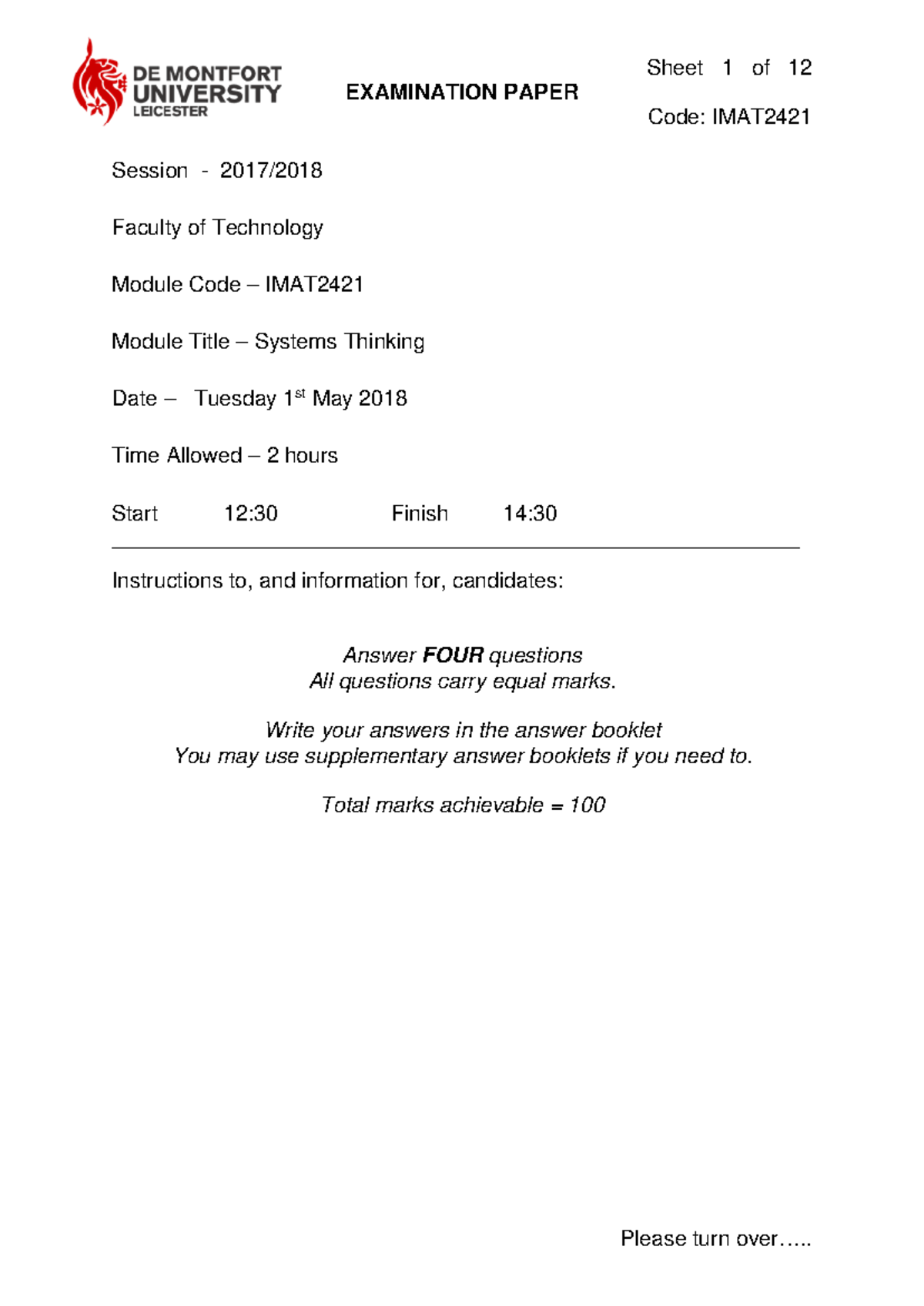 IMAT2421 Exam 2018 - Warning: TT: undefined function: 32 Sheet 1 of 12 EXAMINATION PAPER Code ...