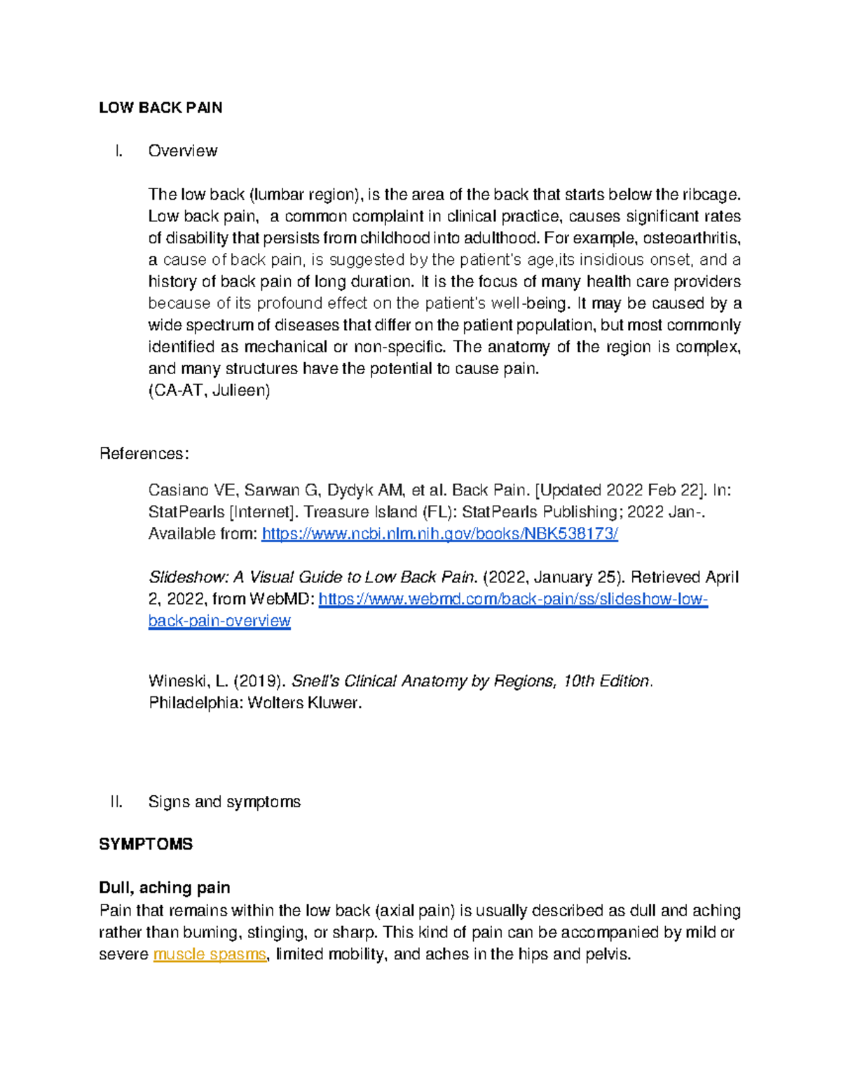 Low-Back-Pain notes-1-5 - LOW BACK PAIN I. Overview The low back ...