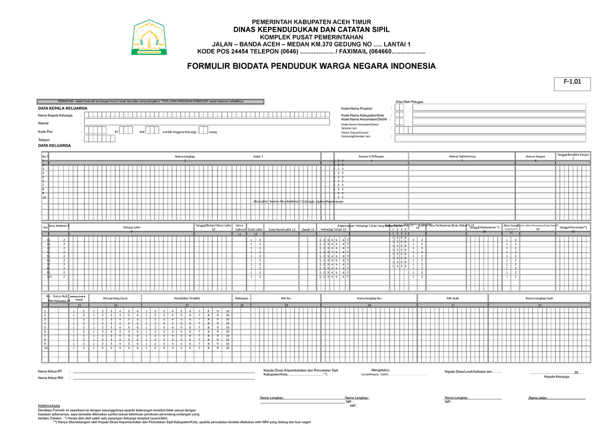 Blangko Tambahan KK - F- 1. 01 PERHATIAN : Isilah Formulir ini dengan ...