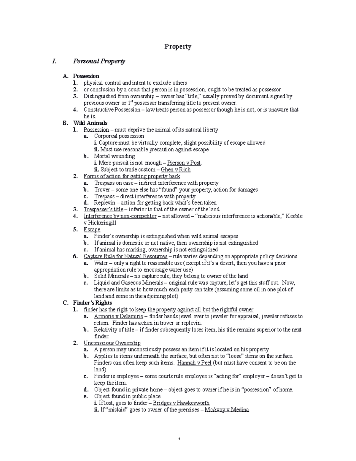 Property Outline - Property I. Personal Property A. Possession 1 ...