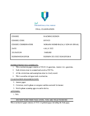 Mp fe - FINAL EXAM MANUFACTURING PROCESS UMP 2021/2022 - DO NOT TURN ...