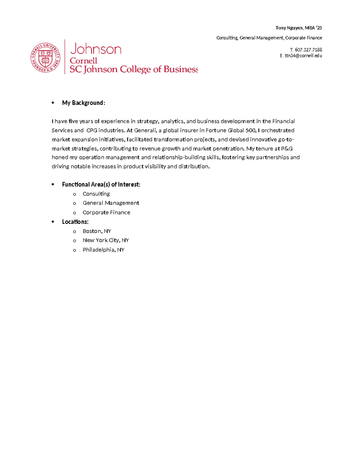 Bulleted Cover Page Example - Tony Nguyen, MBA ‘2 5 Consulting, General ...
