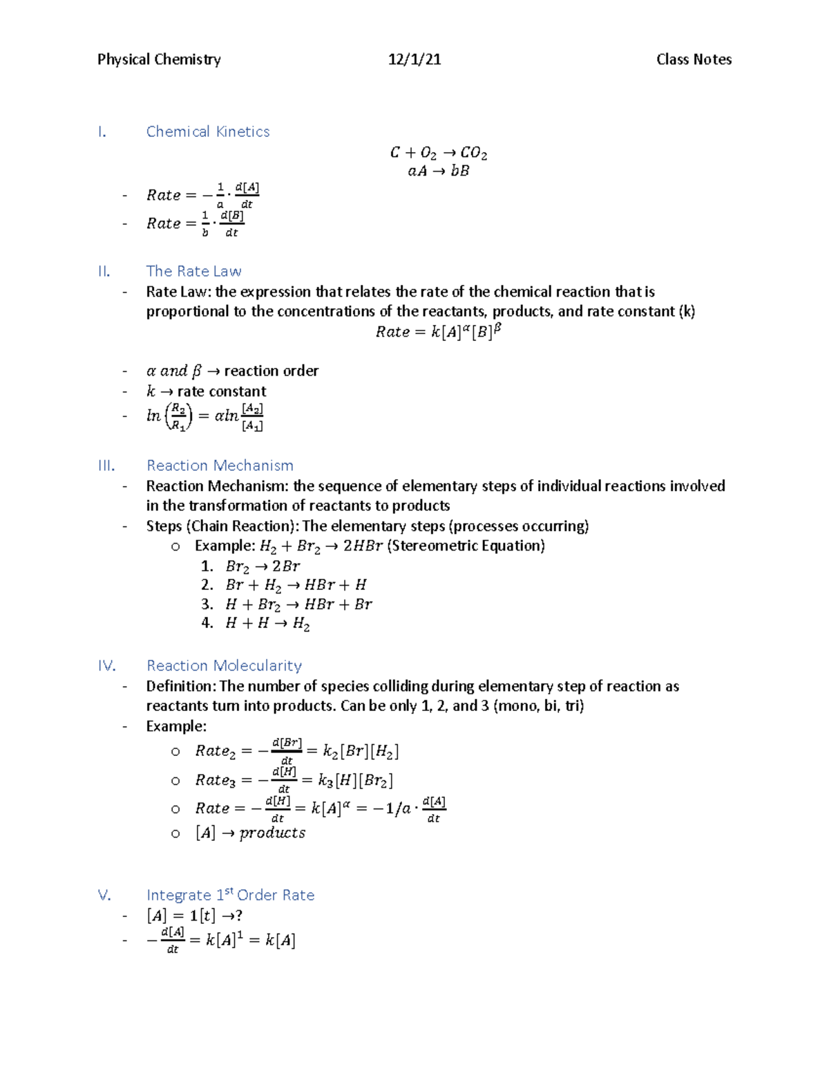 Phys Chem Notes 9 - Physical Chemistry 12/1/21 Class Notes I. Chemical ...