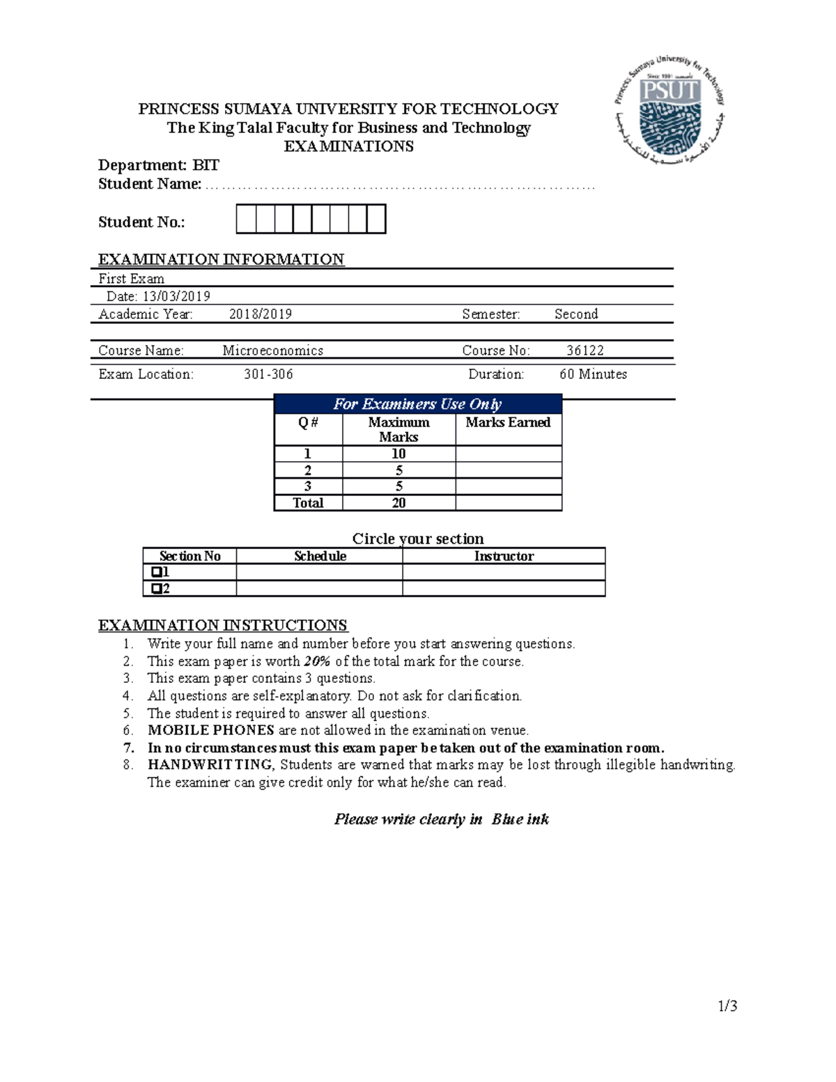 First exam FORM B - t43t34 - PRINCESS SUMAYA UNIVERSITY FOR TECHNOLOGY ...