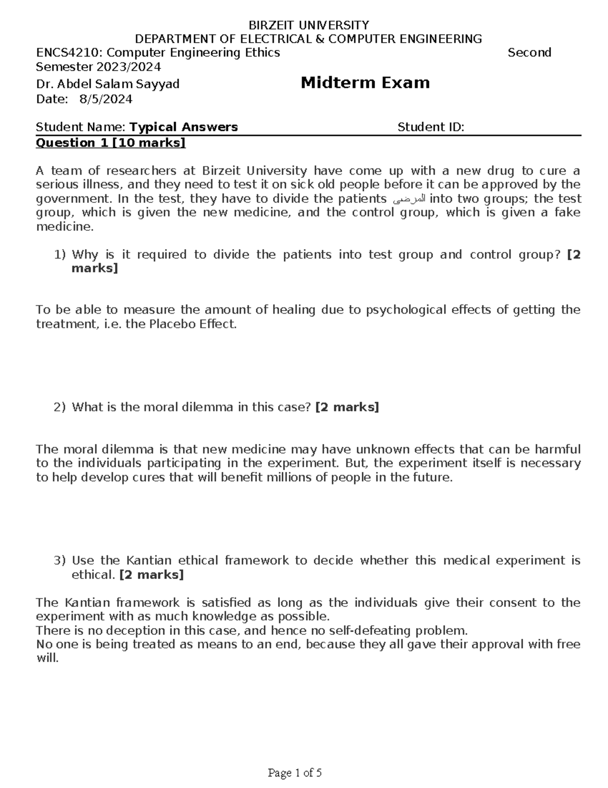 Midterm Exam Spring 2024- Section 1+-+solutions - BIRZEIT UNIVERSITY DEPARTMENT OF ELECTRICAL ...