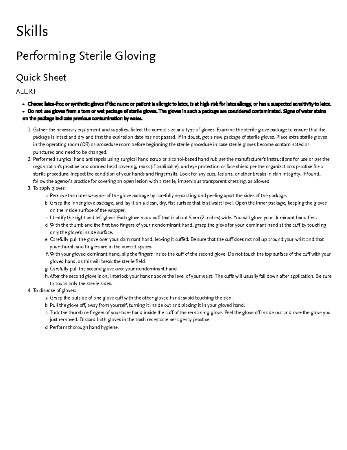 Elsevier sterile gloving quick sheet - Skills Performing Sterile ...