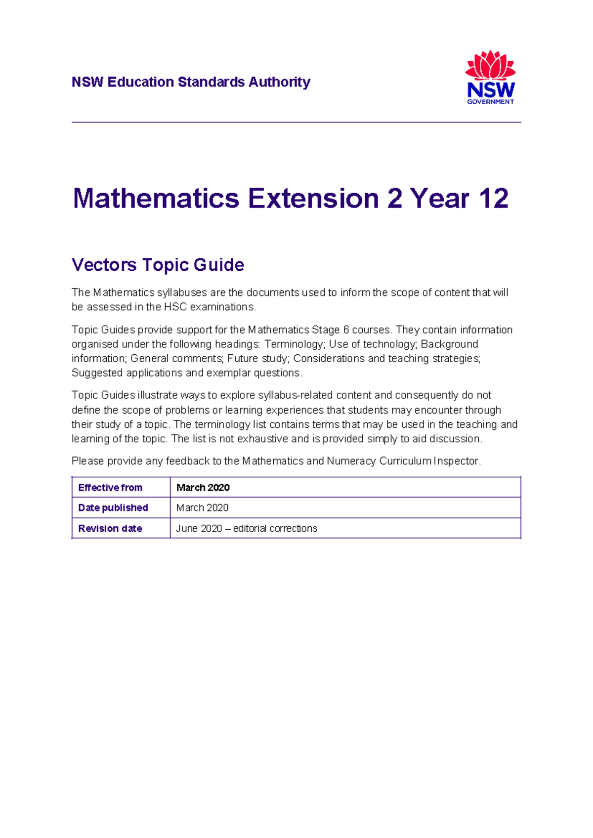 Mathematics extension 2 year 12 topic guide vectors word - ####### NSW ...