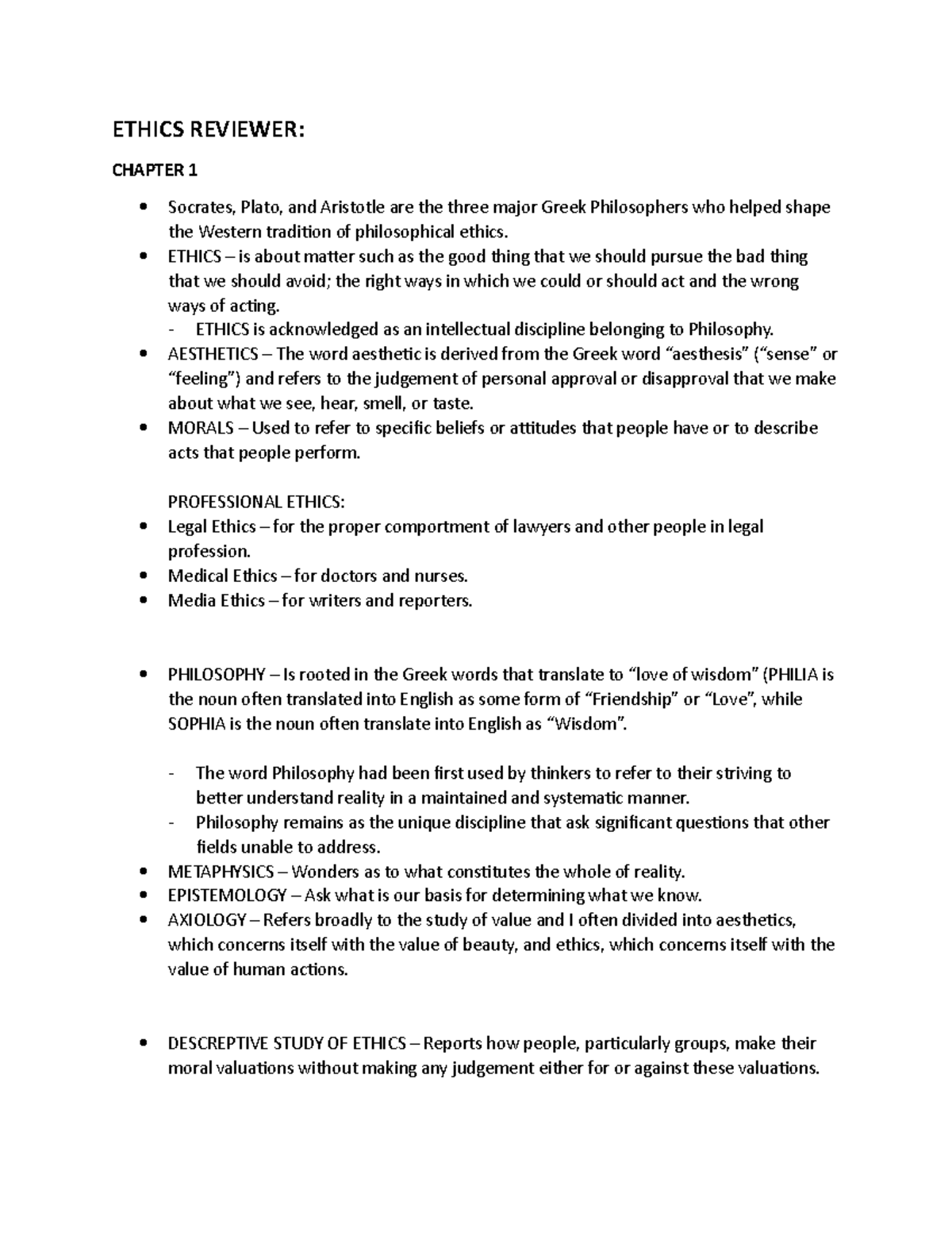 Ethics- Reviewer - ETHICS REVIEWER: CHAPTER 1 Socrates, Plato, and ...