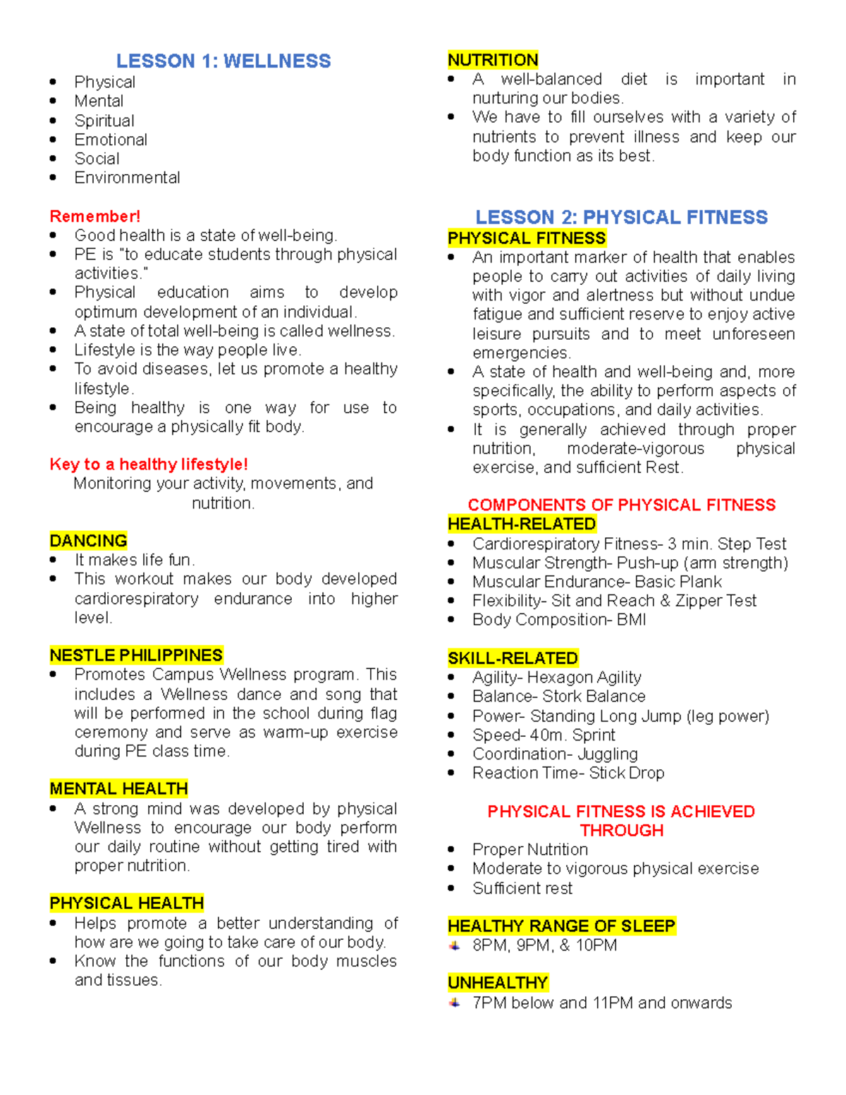 PF Lessons 1 TO 3 - fitness - LESSON 1: WELLNESS Physical Mental ...