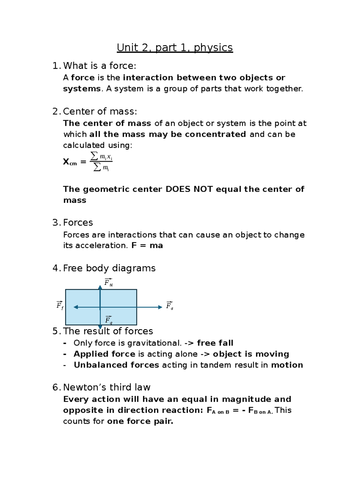 Physics unit 2 part 1 - Unit 2, part 1, physics 1. What is a force: A ...