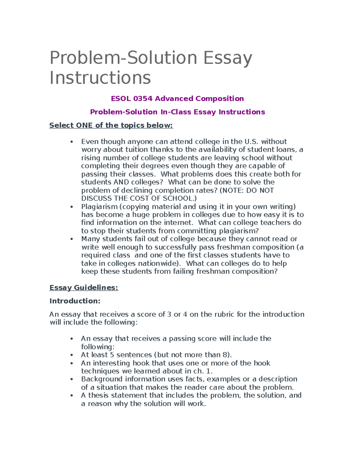 Problem-Solution Essay Instructions - Problem-Solution Essay ...