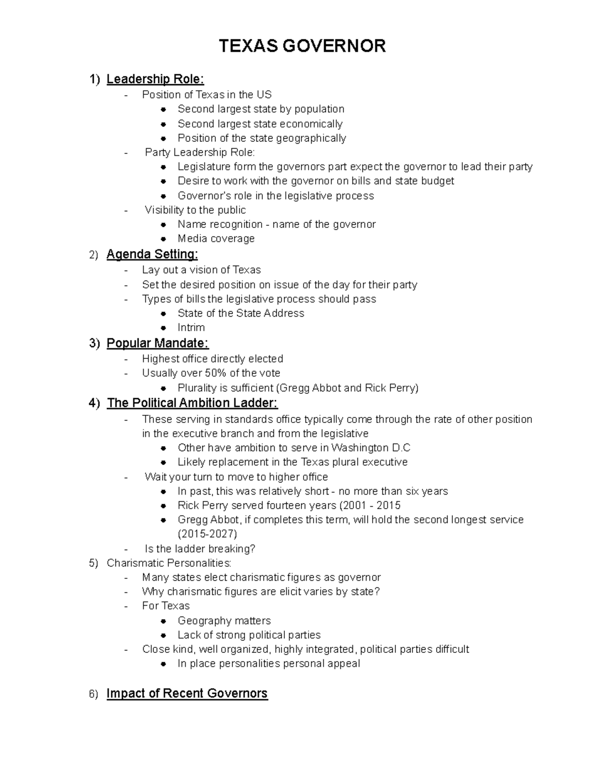 Texas Governor Notes - TEXAS GOVERNOR 1) Leadership Role: Position of ...