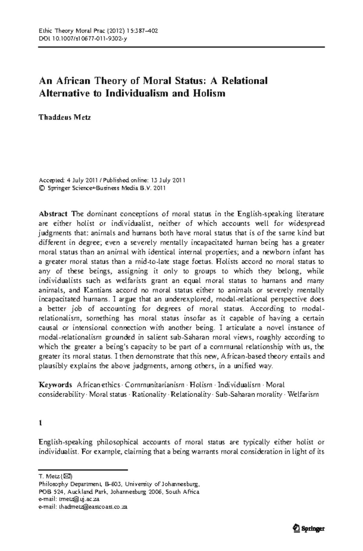 7a Metz Moral status - n/a - An African Theory of Moral Status: A ...