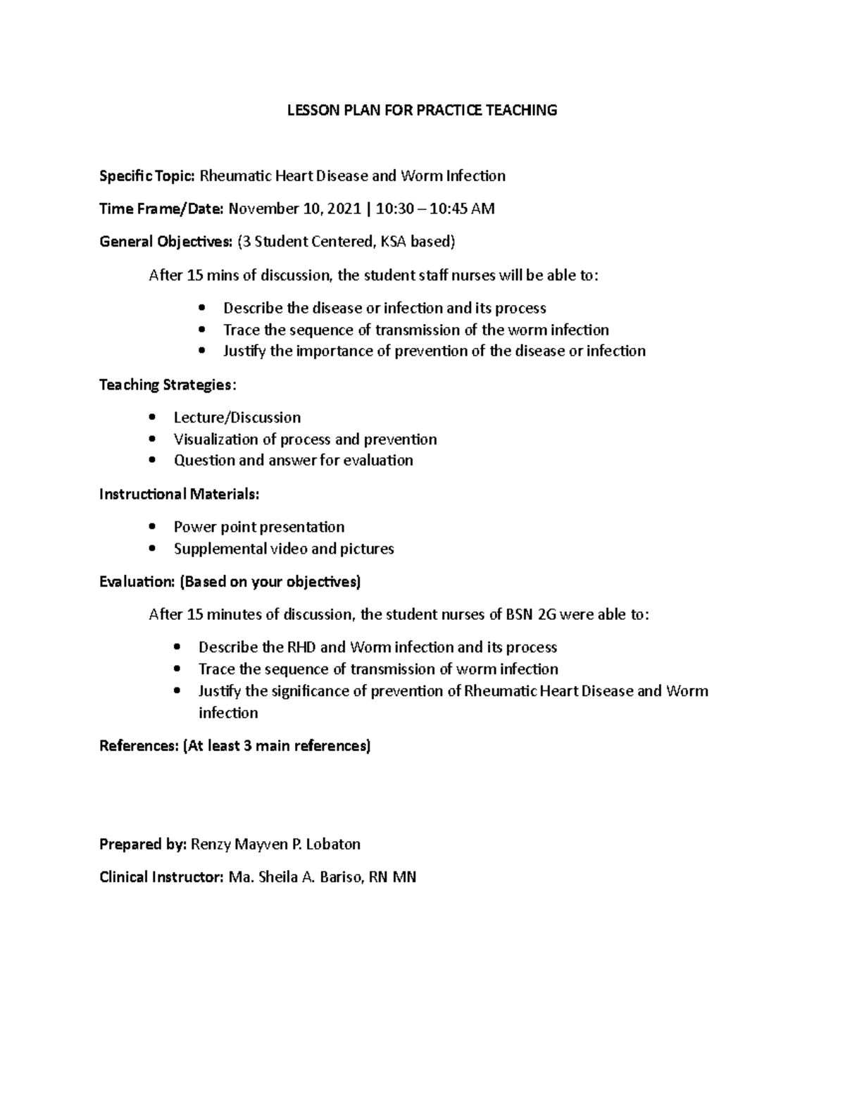 Lesson Plan for Practice Teaching as Practicing Clinical Instructors ...