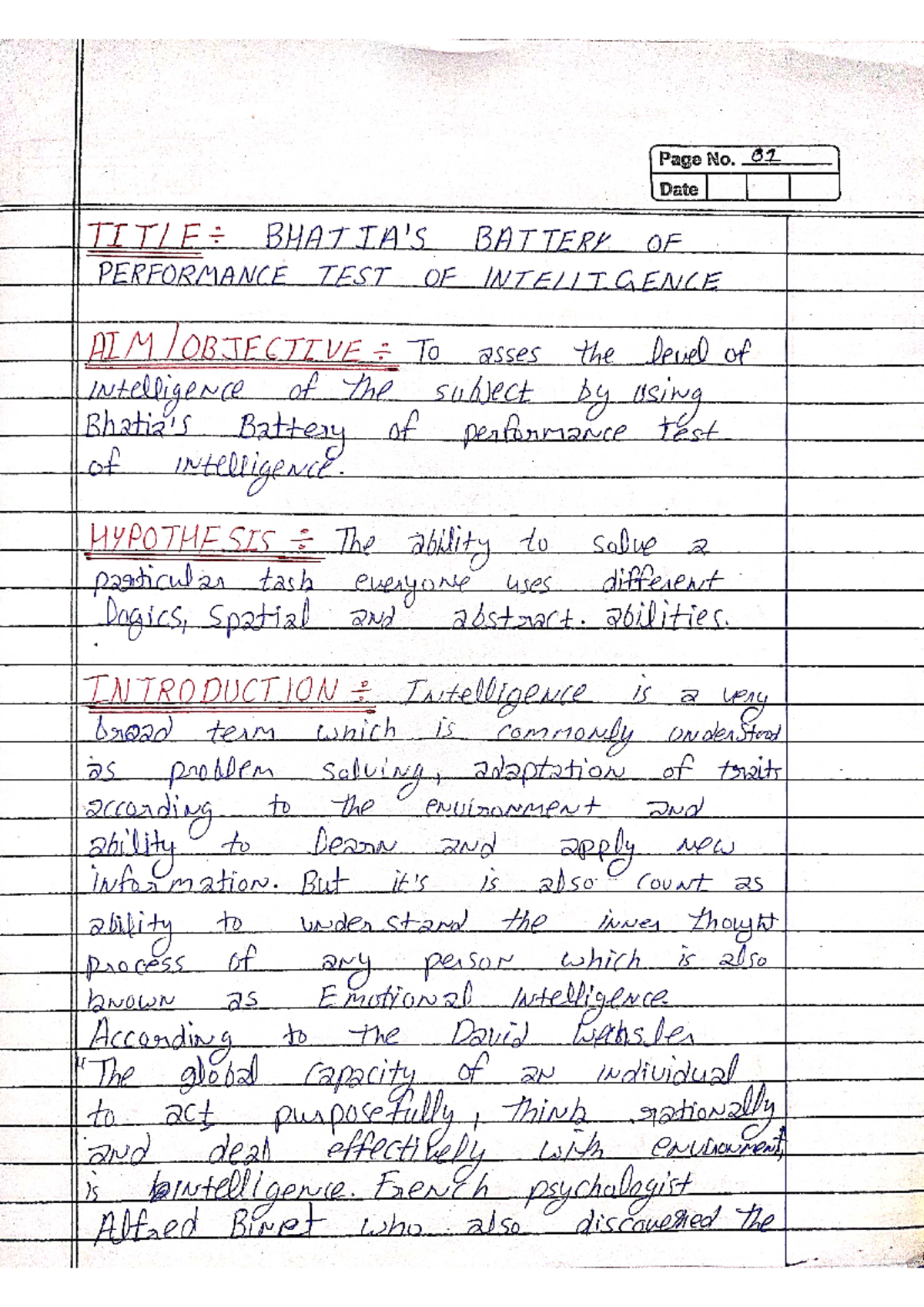 Bhatia Battery Of Performance Test Of Intelligence - Page No. 01 Date ...