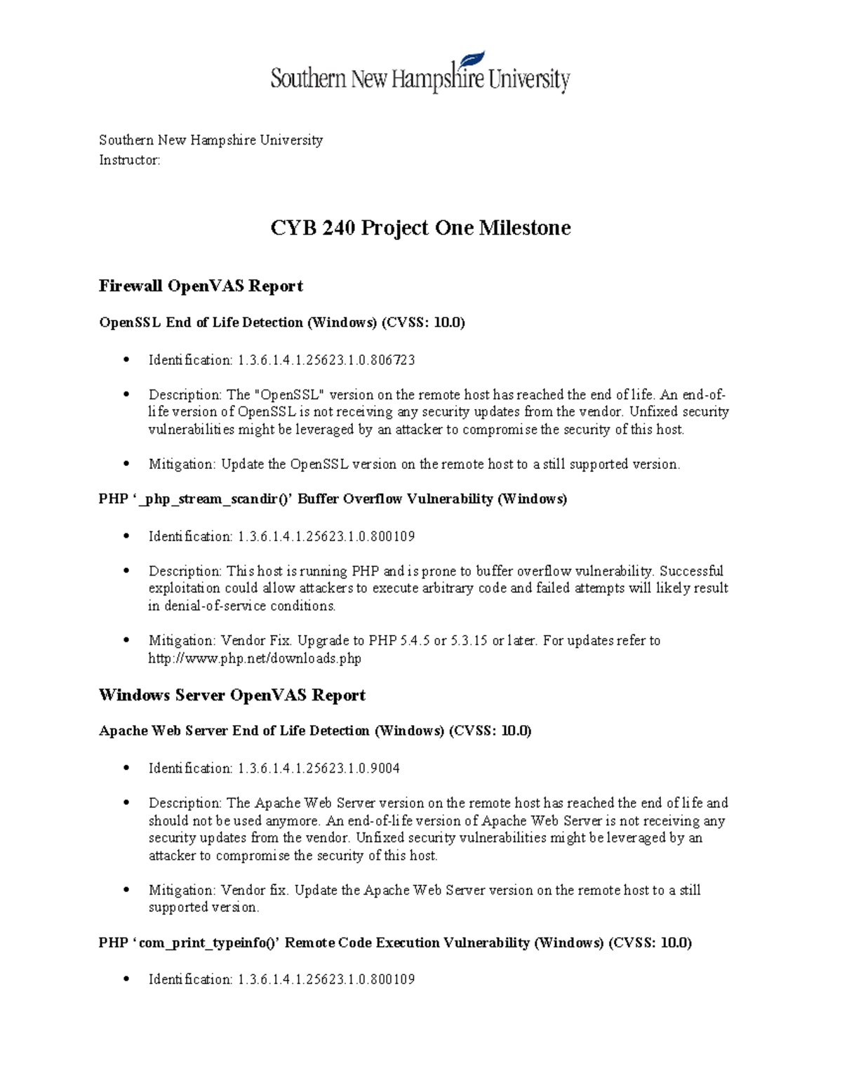 CYB 240 Project One Milestone - Vulnerability Identification Report - Southern New Hampshire ...