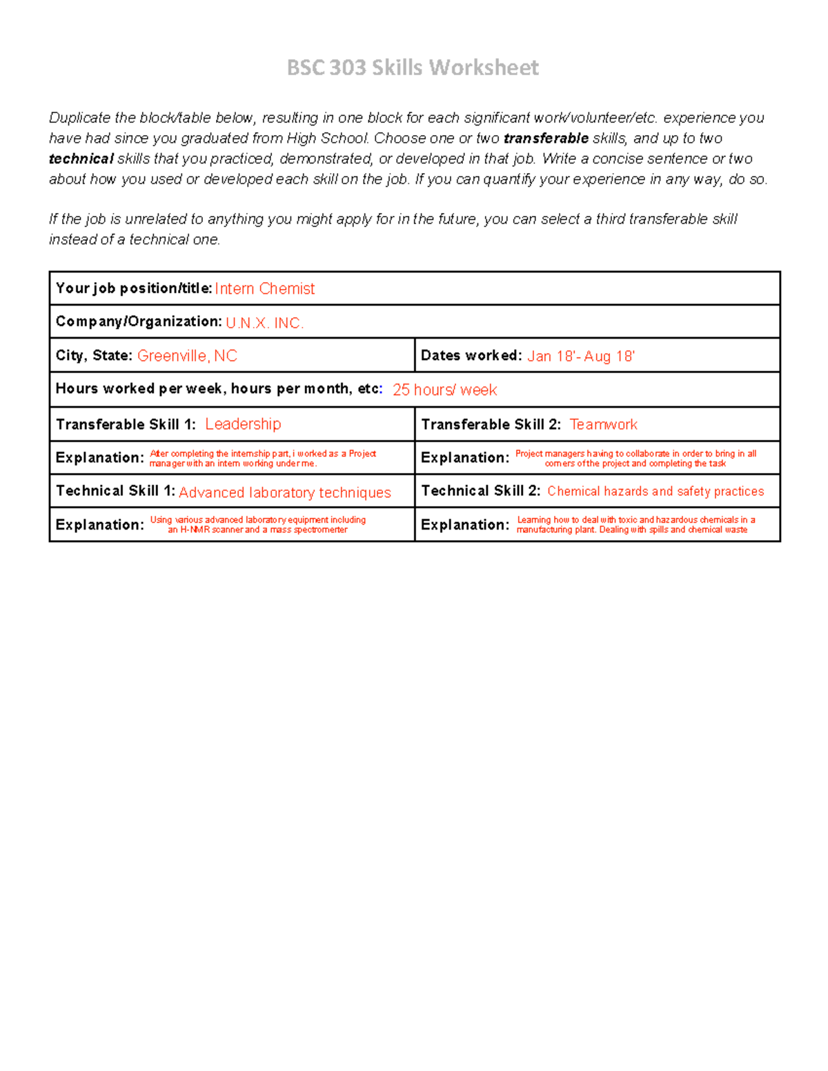 Skills worksheet - BSC 303 Skills Worksheet Duplicate the block/table ...