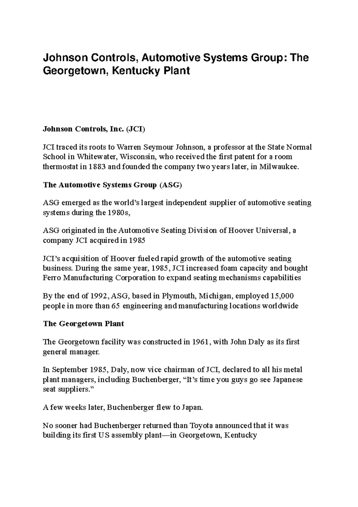 Johnson Controls - Summary of the case - Johnson Controls, Automotive ...