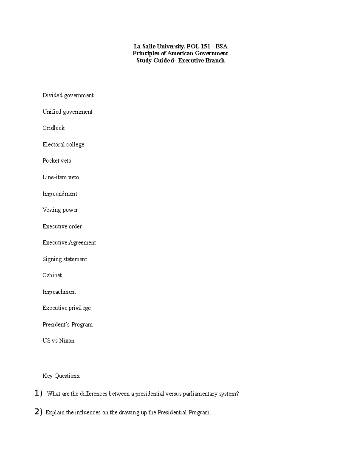 Study guide 6 - Executive Branch - La Salle University, POL 151 - BSA ...