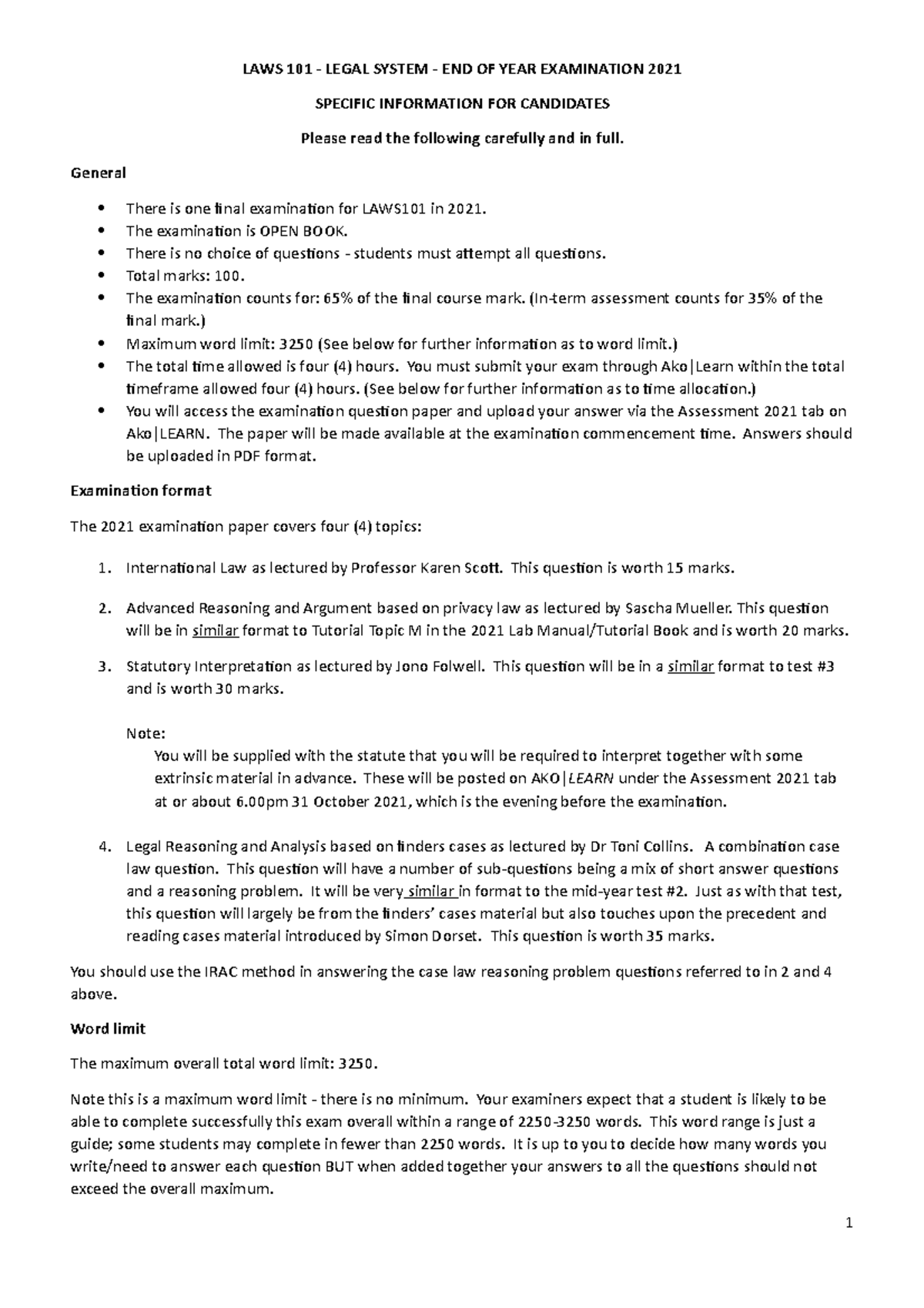 Final exam notice 2021 final - LAWS 101 - LEGAL SYSTEM - END OF YEAR ...