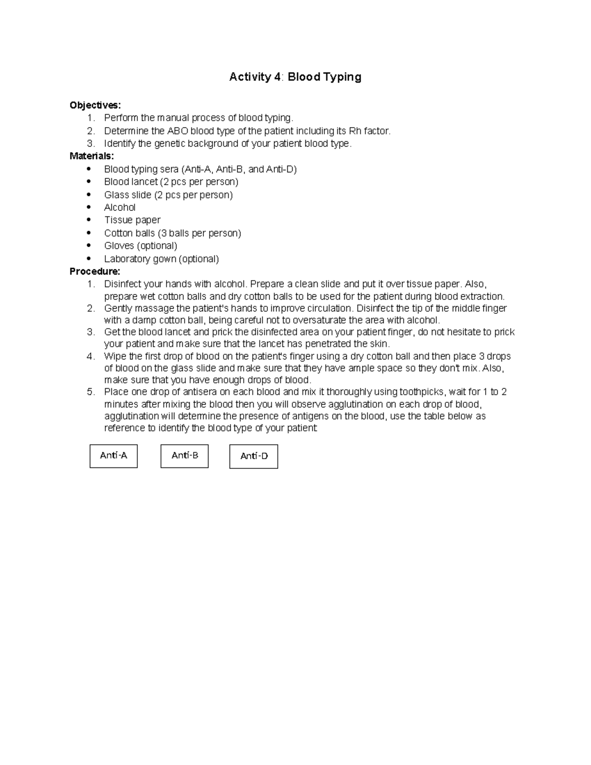 Histo Retdem Blood Typing - Activity 4: Blood Typing Objectives: 1 ...