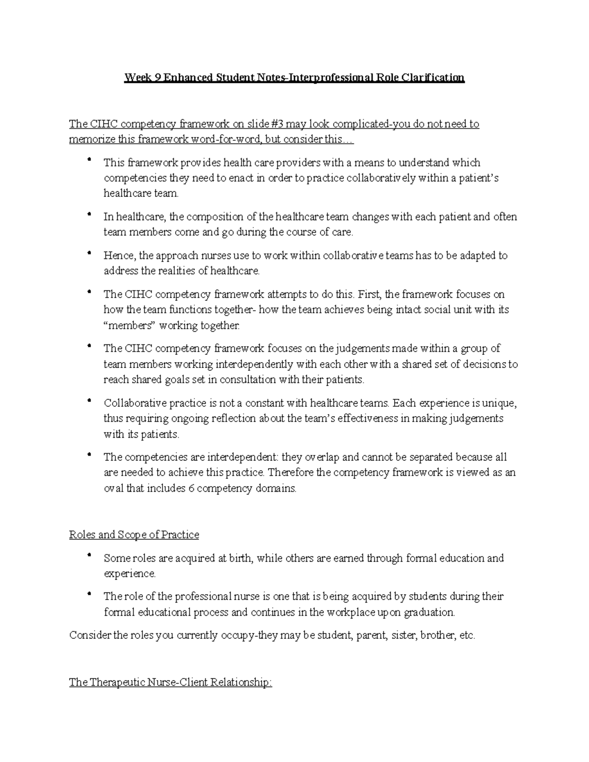 NURS1098 Week 9 Enhanced Student Notes-Role Clarification - Week 9 ...