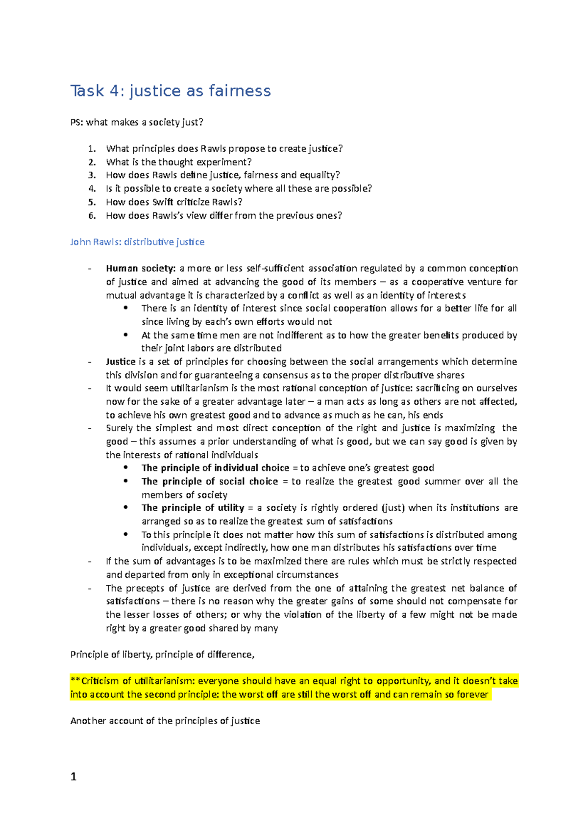 Task 4 - justice as fairness - Task 4: justice as fairness PS: what ...