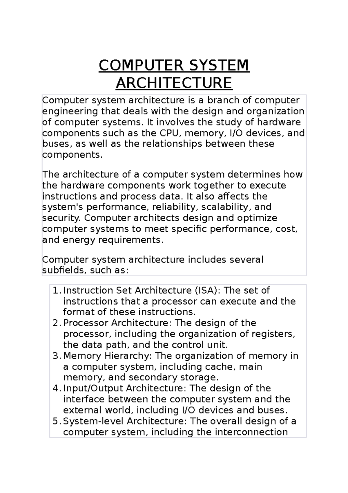 Computer System Architecture Computer System Architecture Computer