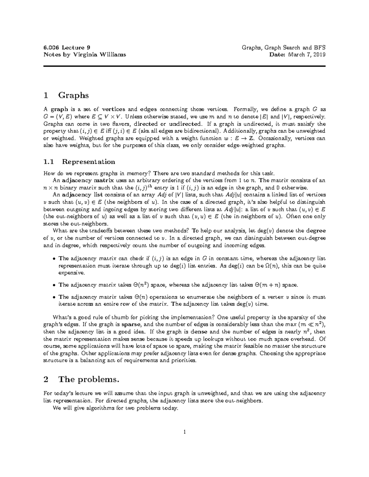 Lec9notes - Lecture notes 9 - 6 Lecture 9 Graphs, Graph Search and BFS ...