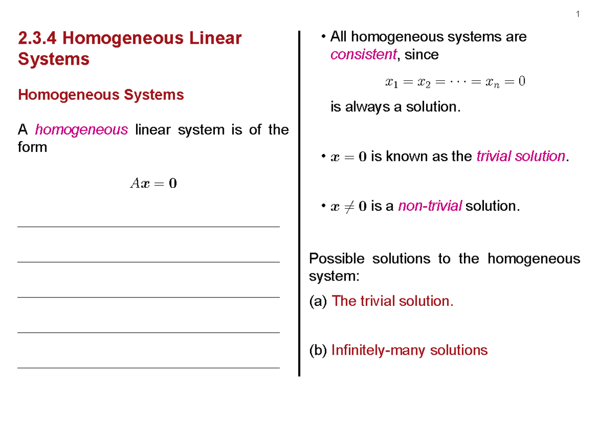Lecture 6 mathematical equations - 2.3 Homogeneous Linear Systems Homogeneous Systems A ...