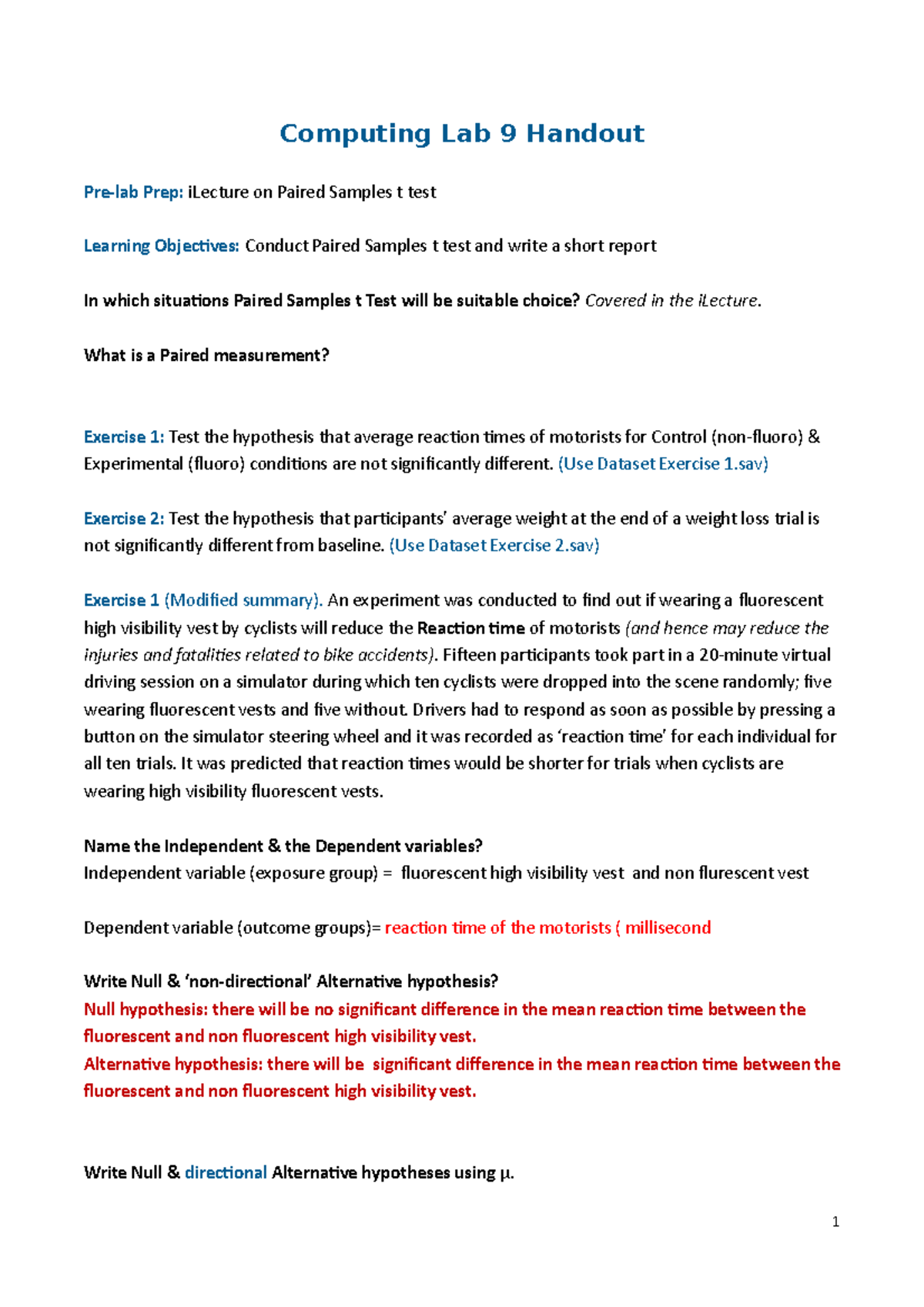 Computing Lab 9 Handout - Computing Lab 9 Handout Pre-lab Prep: iLecture on Paired Samples t ...