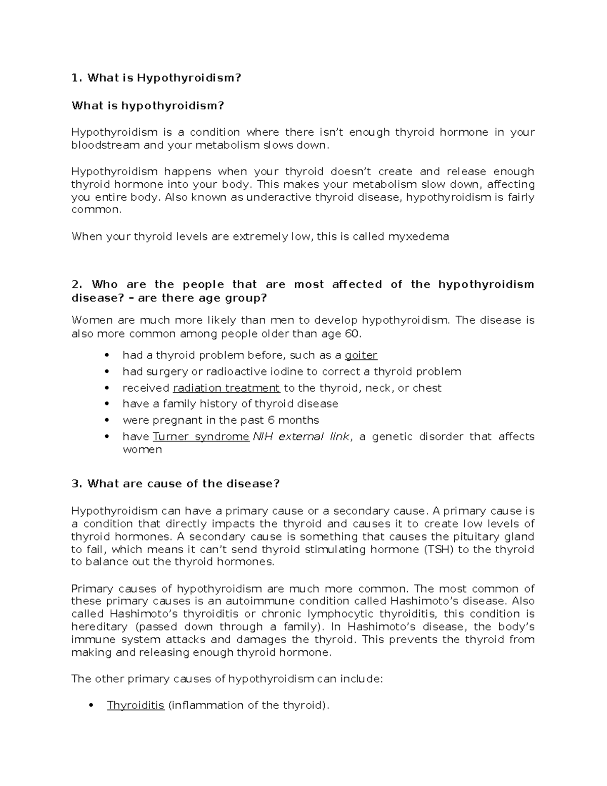 Hypothyroidism - Notes - 1. What is Hypothyroidism? What is ...