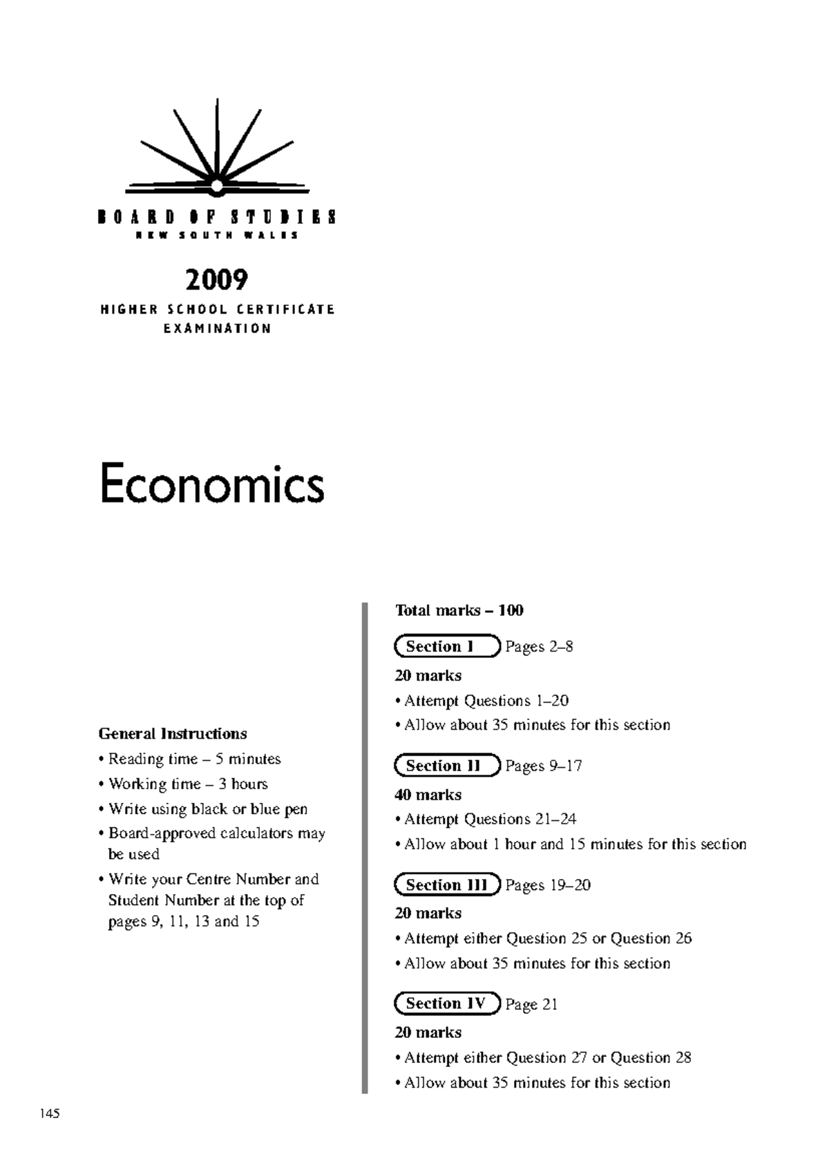 Economics hsc exam 2009 - 2009 H I G H E R S C H O O L C E R T I F I C ...