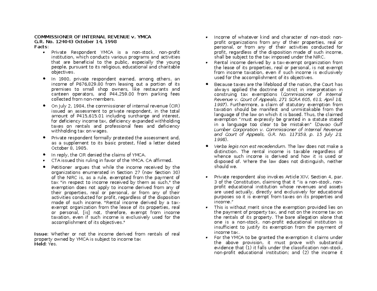 Taxation- Cases - law summary - COMMISSIONER OF INTERNAL REVENUE v. YMCA G. No. 124043 October ...