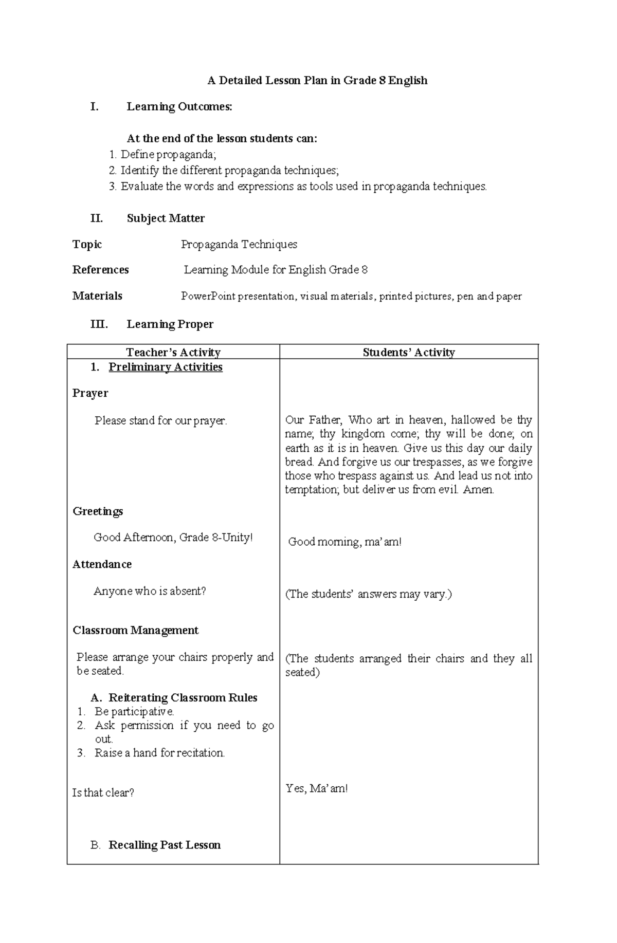 Propaganda Techniques - A Detailed Lesson Plan in Grade 8 English I ...