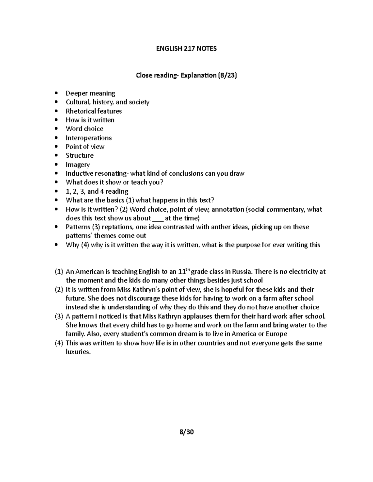 English 217 Notes - ENGLISH 217 NOTES Close reading- Explanation (8/23 ...
