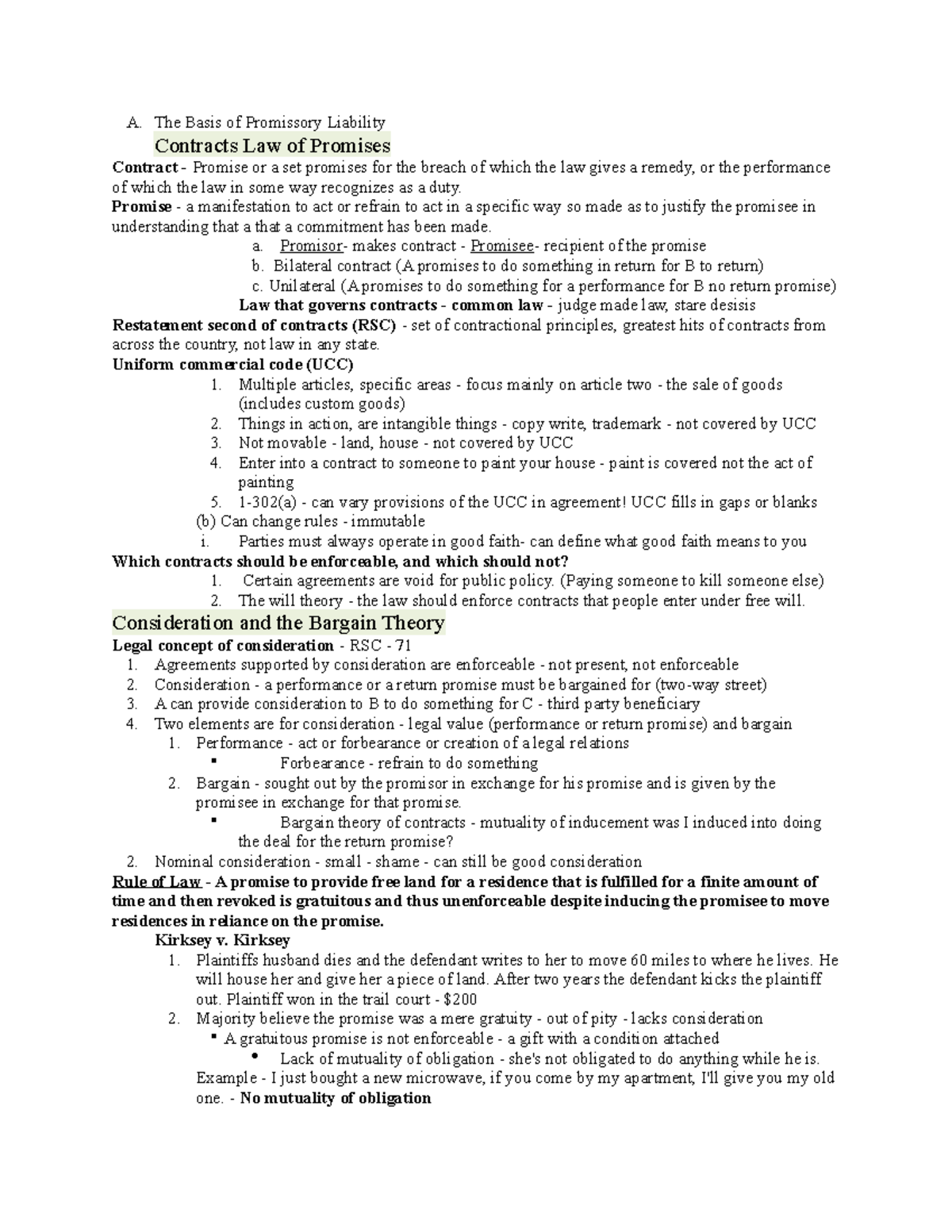 Contracts - Outline for midterm - A. The Basis of Promissory Liability ...