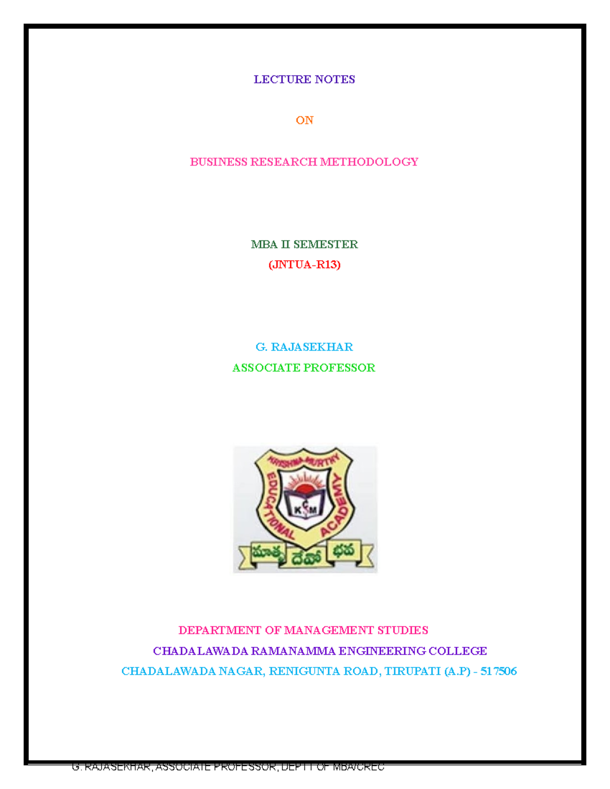 BRM notes-converted - Notes - LECTURE NOTES ON BUSINESS RESEARCH ...