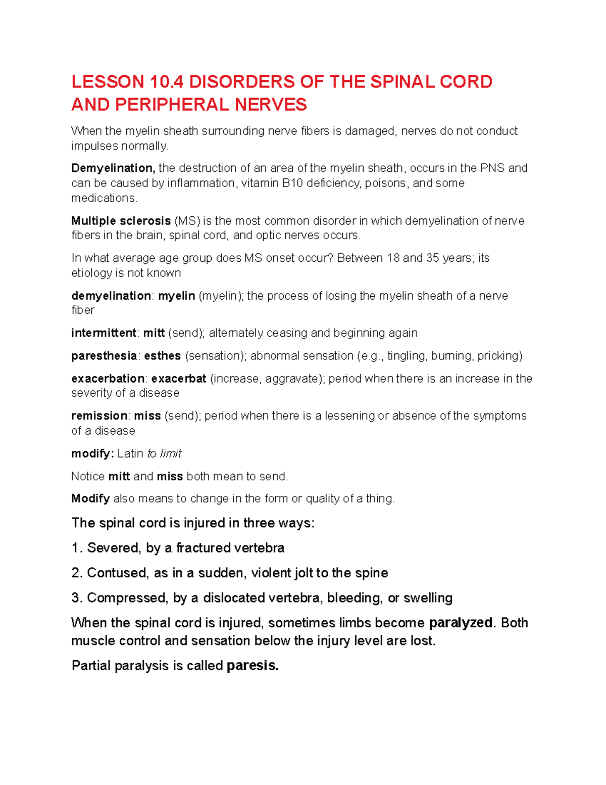 Lesson 10.4 Disorders OF THE Spinal CORD AND Peripheral Nerves - LESSON ...