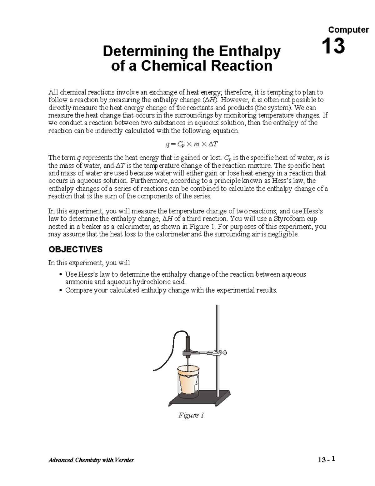 Enthalpy lab Vernier - lab - Computer Determining the Enthalpy 13 of a ...